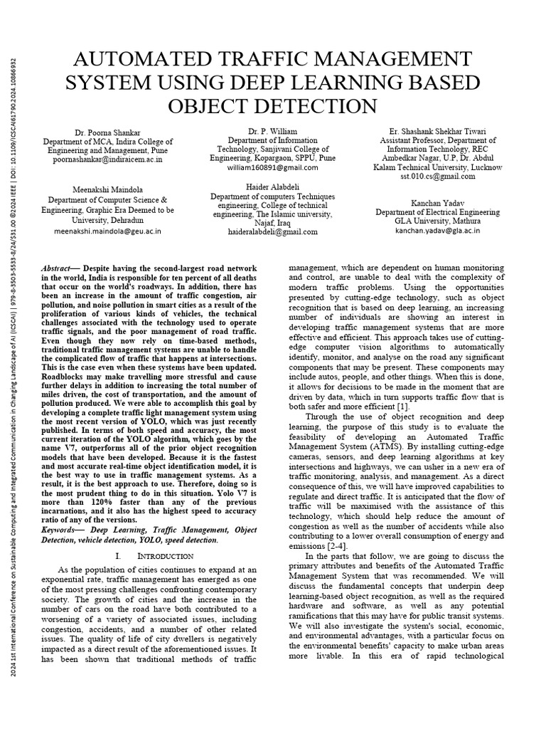 Automated Traffic Management System Using Deep Learning Based Object Detection | PDF | Traffic ...