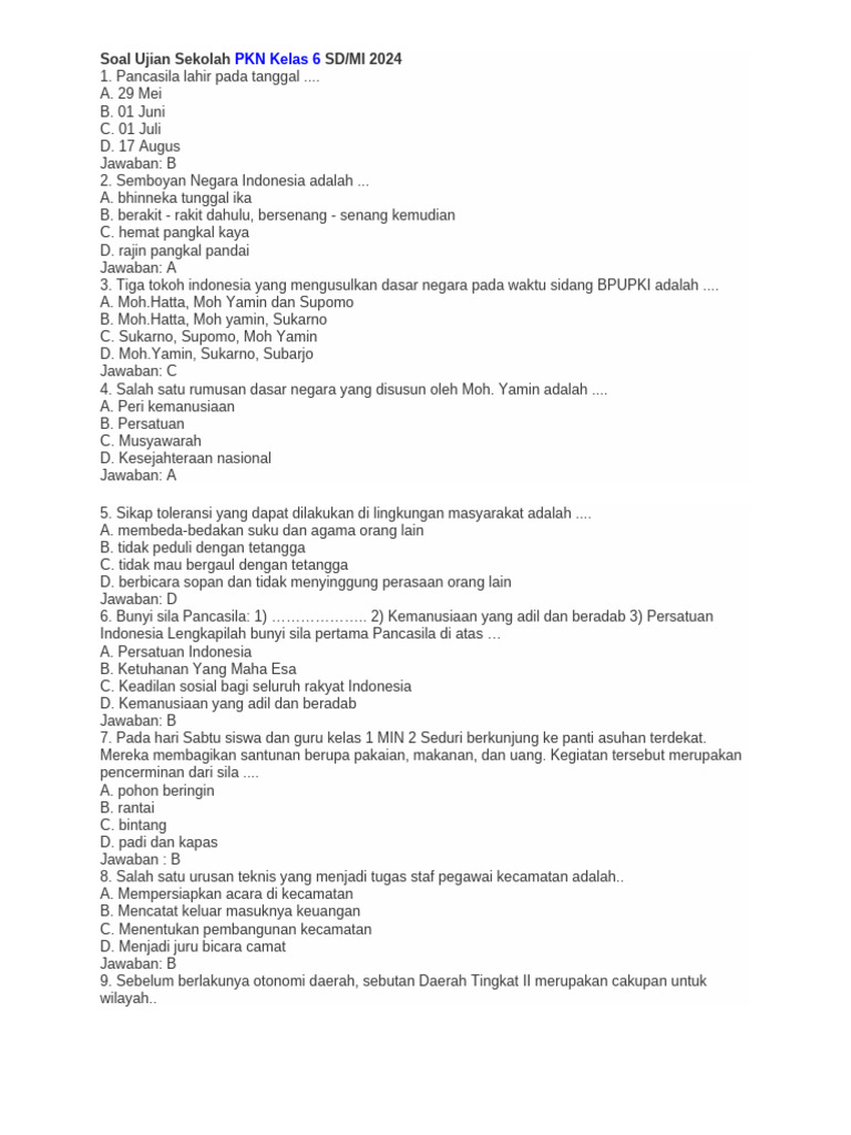 Contoh Soal PPKN 2024 | PDF