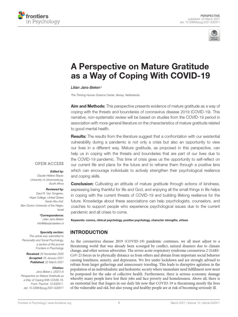 Mature Gratitude: Coping with COVID-19 | PDF | Gratitude | Mental Health