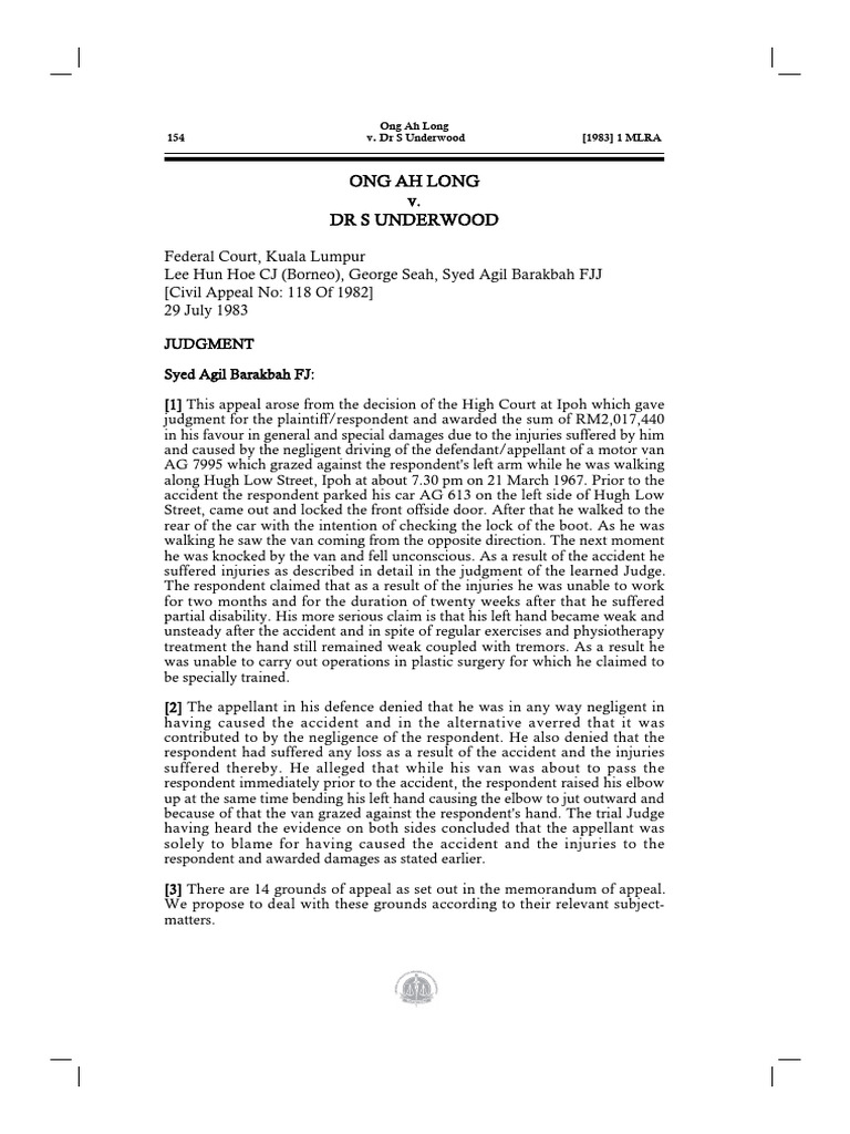 Ong Ah Long v. Dr S Underwood Appeal | PDF | Damages | Hand