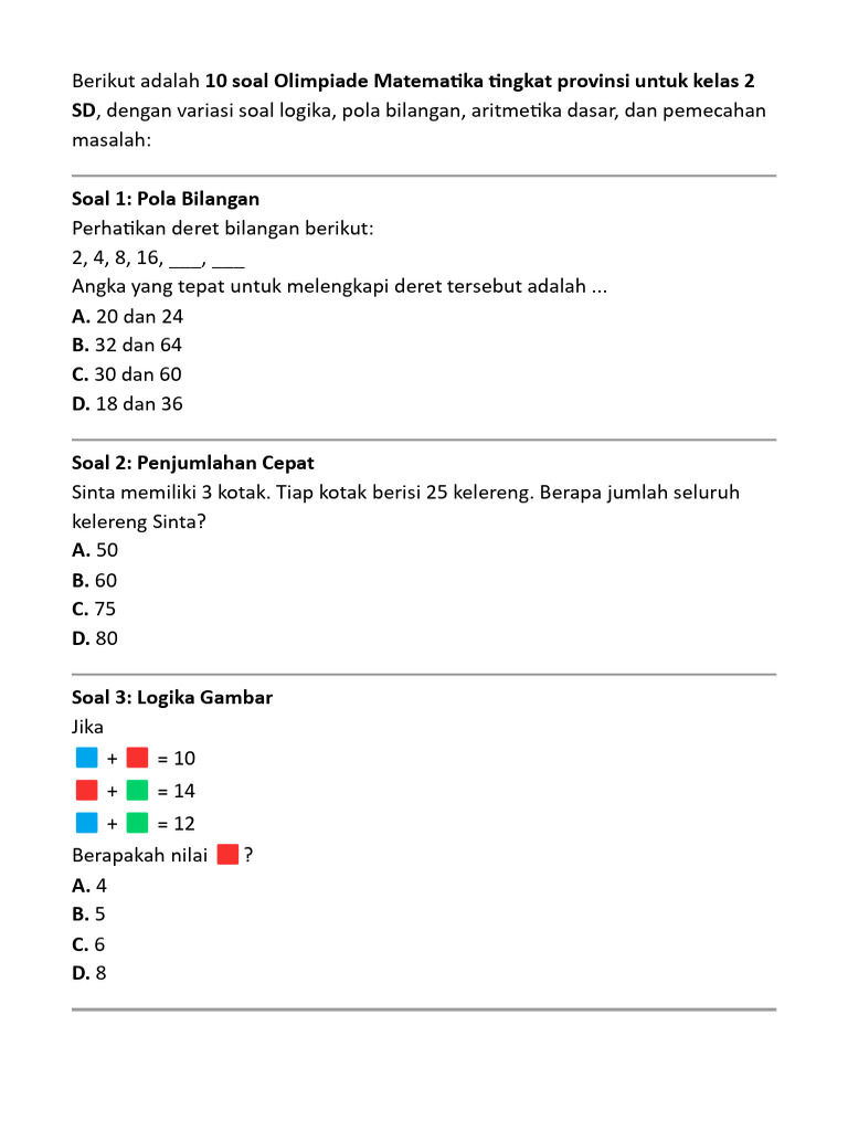 Berikut adalah 10 soal Olimpiade Matematika tingkat provinsi untuk ...