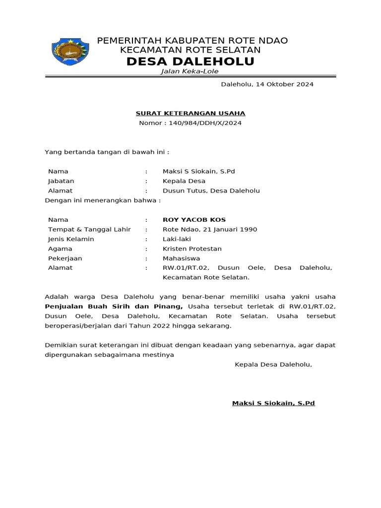 Surat Keterangan Usaha Dari Desa | PDF