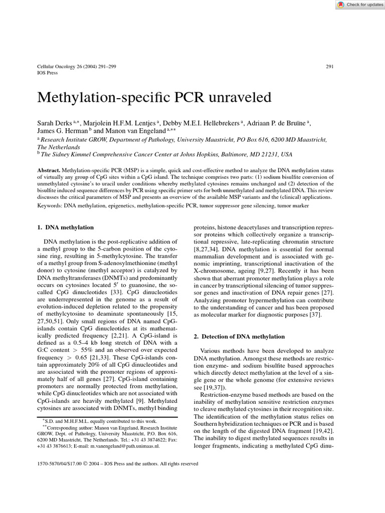 Analytical Cellular Pathology - 2004 - Derks - Methylation Specific PCR ...