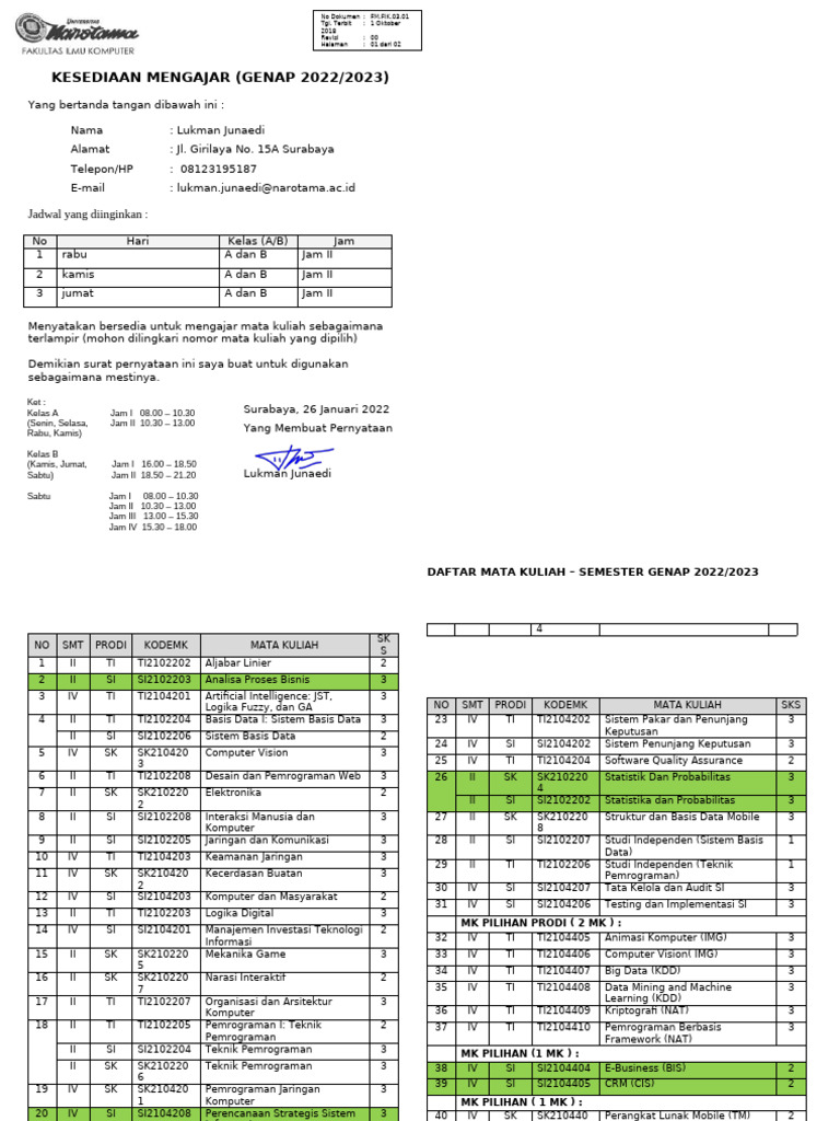FORM KESEDIAAN MENGAJAR GENAP 2023 | PDF