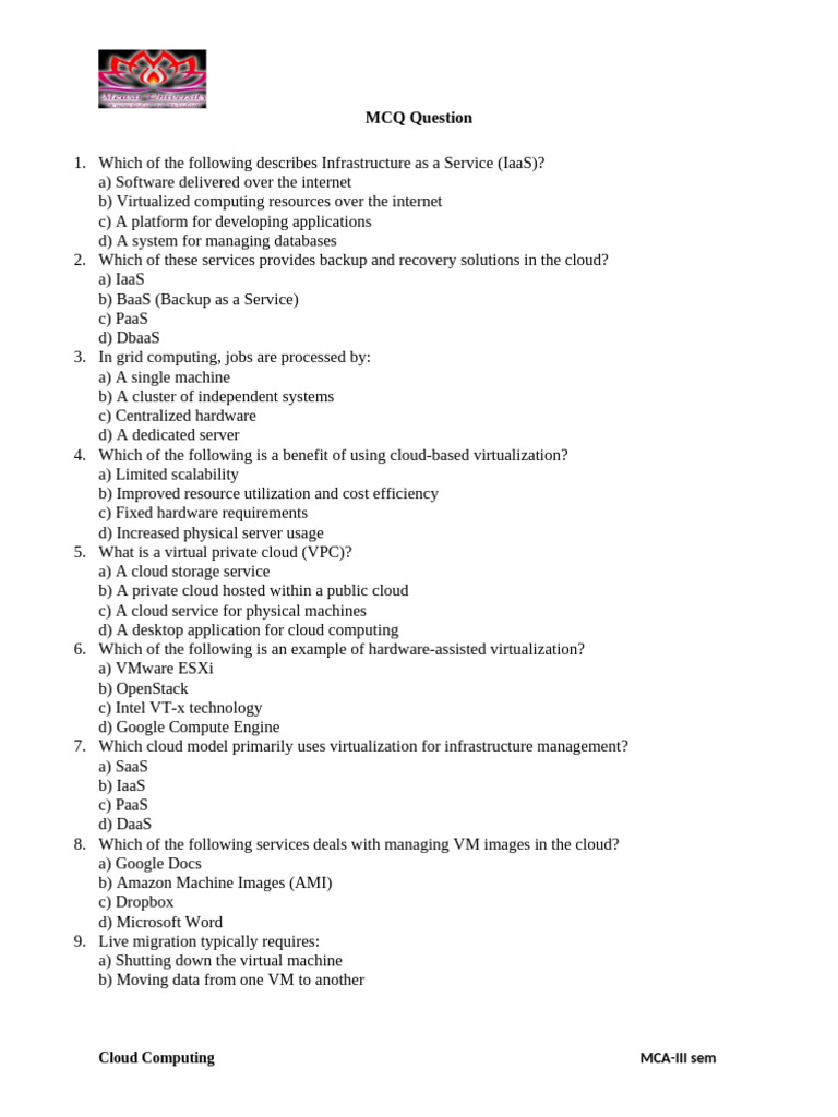 MCQ - Question Bank - MCA - III Sem | PDF | Cloud Computing | Virtualization