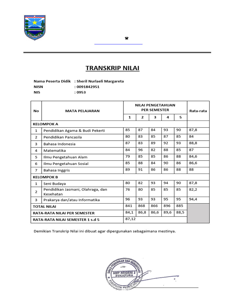 Contoh Transkrip Nilai-Kurikulum 2013 | PDF