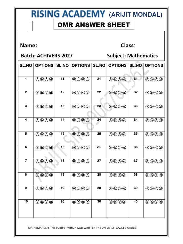 OMR Answer Sheet for Mathematics | PDF