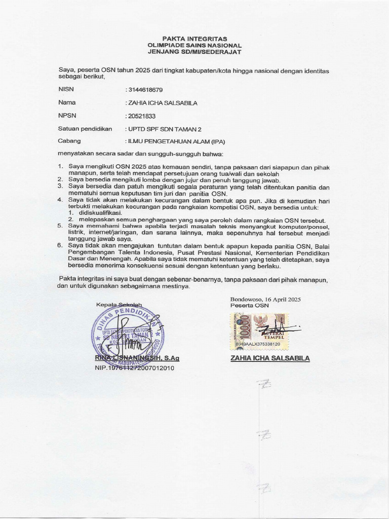 Pakta Integritas Icha | PDF