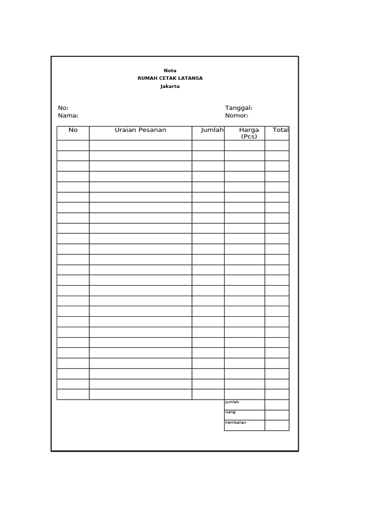Template Nota Kosong Excel | PDF