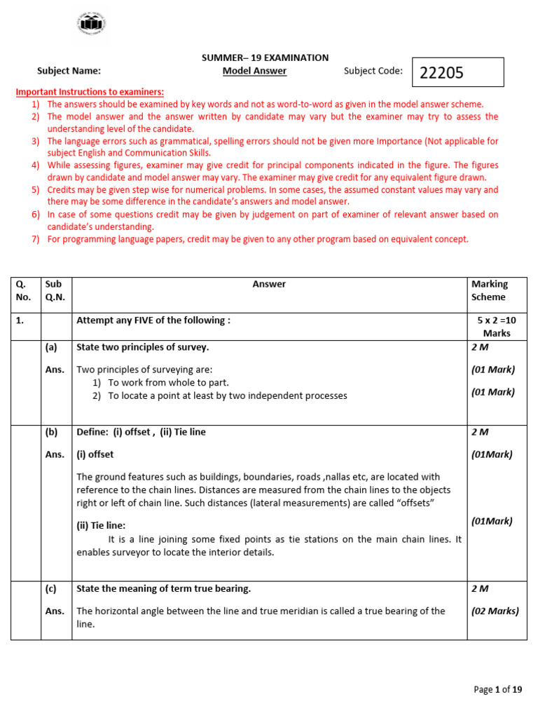 2019 Summer Model Answer Paper (MD) | PDF | Surveying | Compass