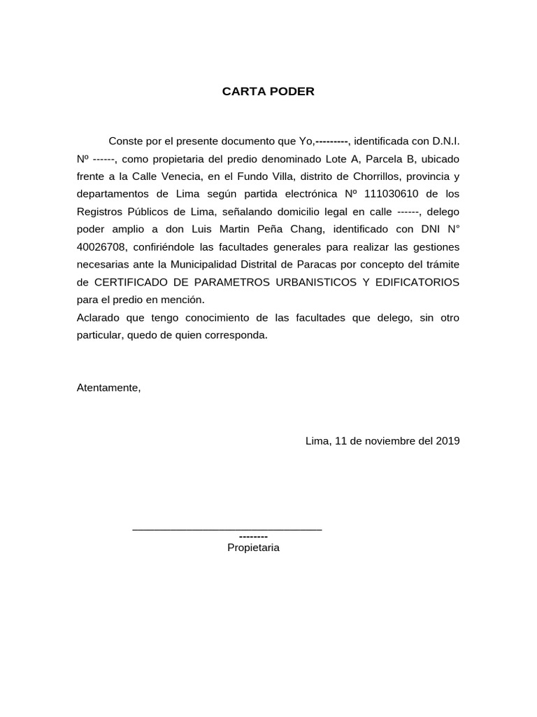 Carta Poder para Certificado Urbanístico | PDF