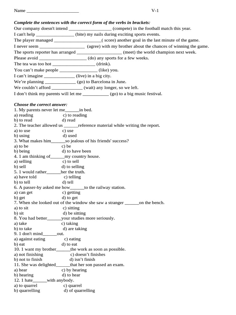 Test Infinitive and Gerund v1 | PDF | Linguistic Typology | Grammar
