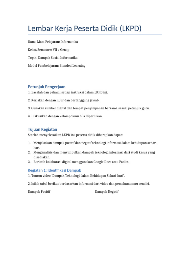 LKPD Informatika 7 Dampak Sosial | PDF