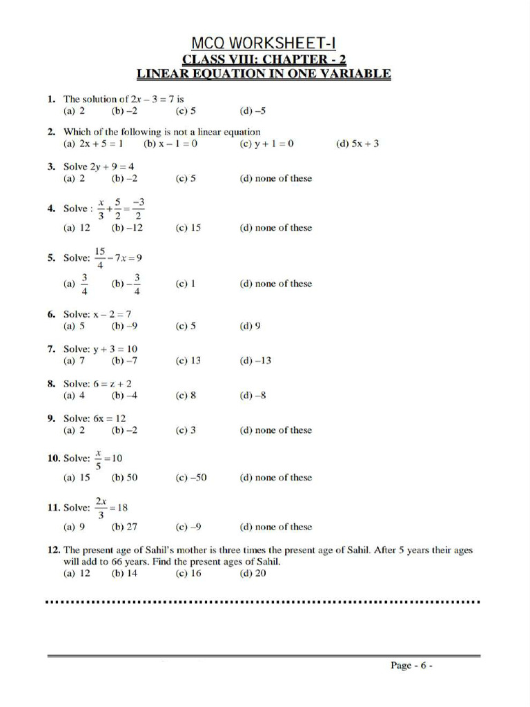 Class 8 Linear Equations | PDF