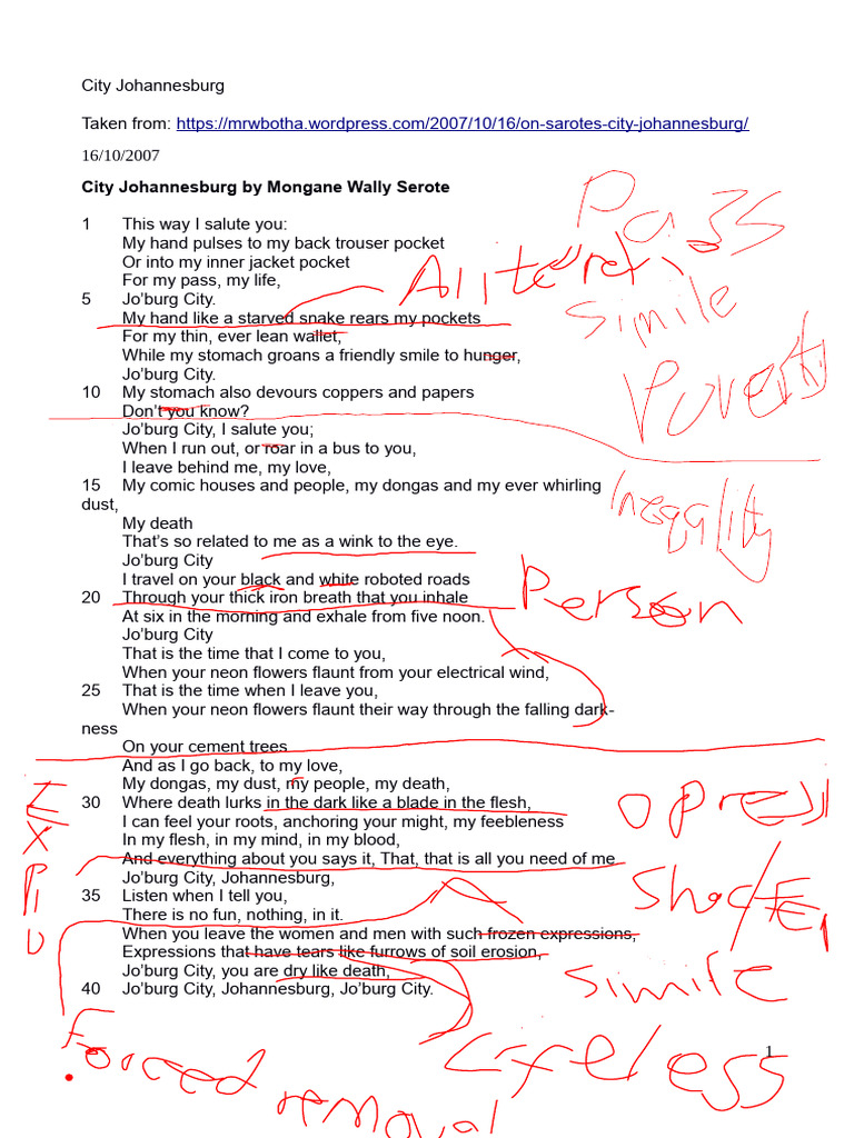 Analysis of Serote's "City Johannesburg" | PDF | Metaphor
