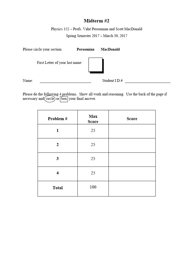 Phys 152 Spring 2017 Midterm 2 Rev2 | PDF | Electric Field | Electrostatics