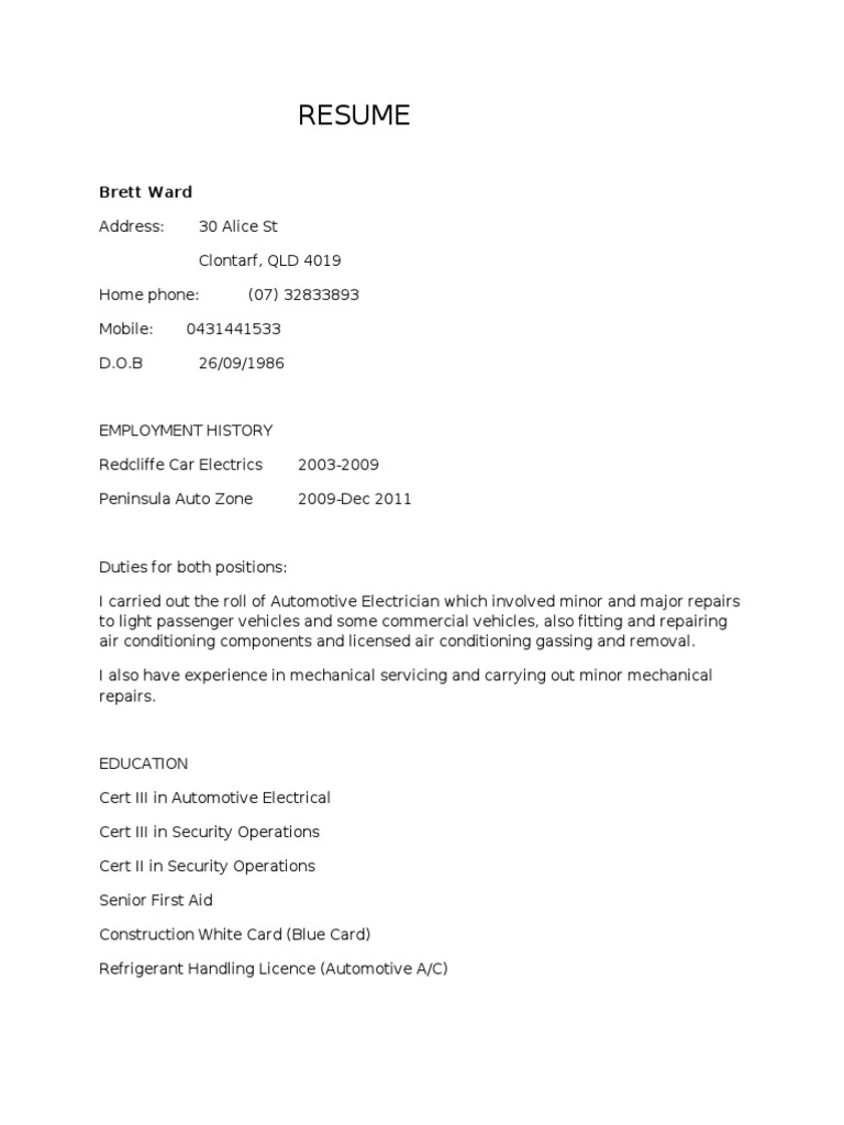 Brett Ward Automotive Electrician Resume | PDF