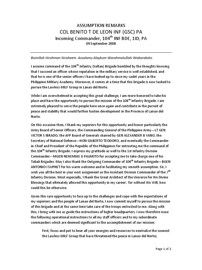 Col Benito T De Leon Inf (Gsc) Pa: Assumption Remarks Incoming ...