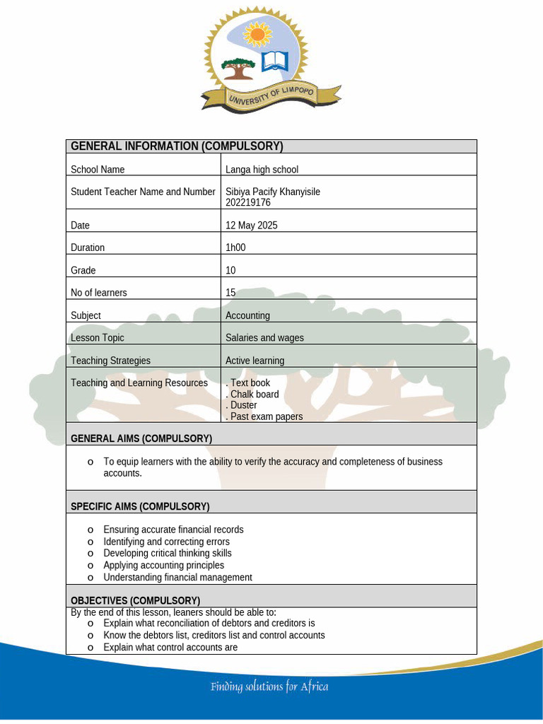 Accounting Grade 10 Lesson Plan | PDF | Learning | Lesson Plan