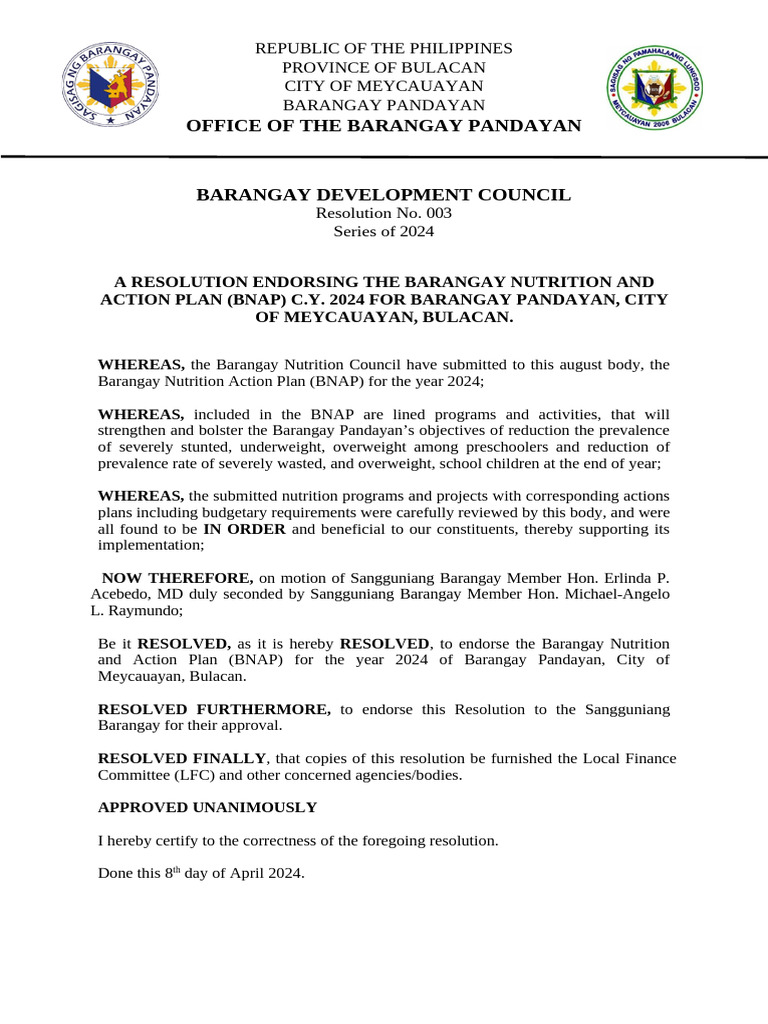 003 - BDC Resolution - Endorsing Bnap | PDF