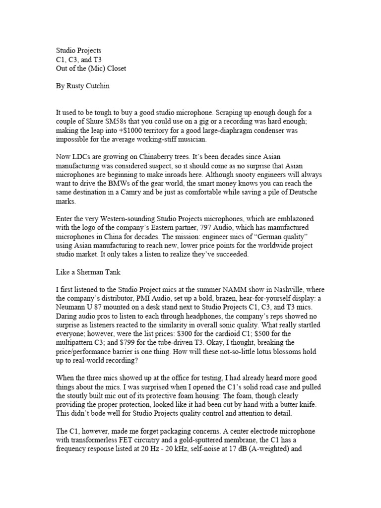 Studio Projects C1, C3, and T3 Out of The (Mic) Closet | PDF | Microphone | Sound