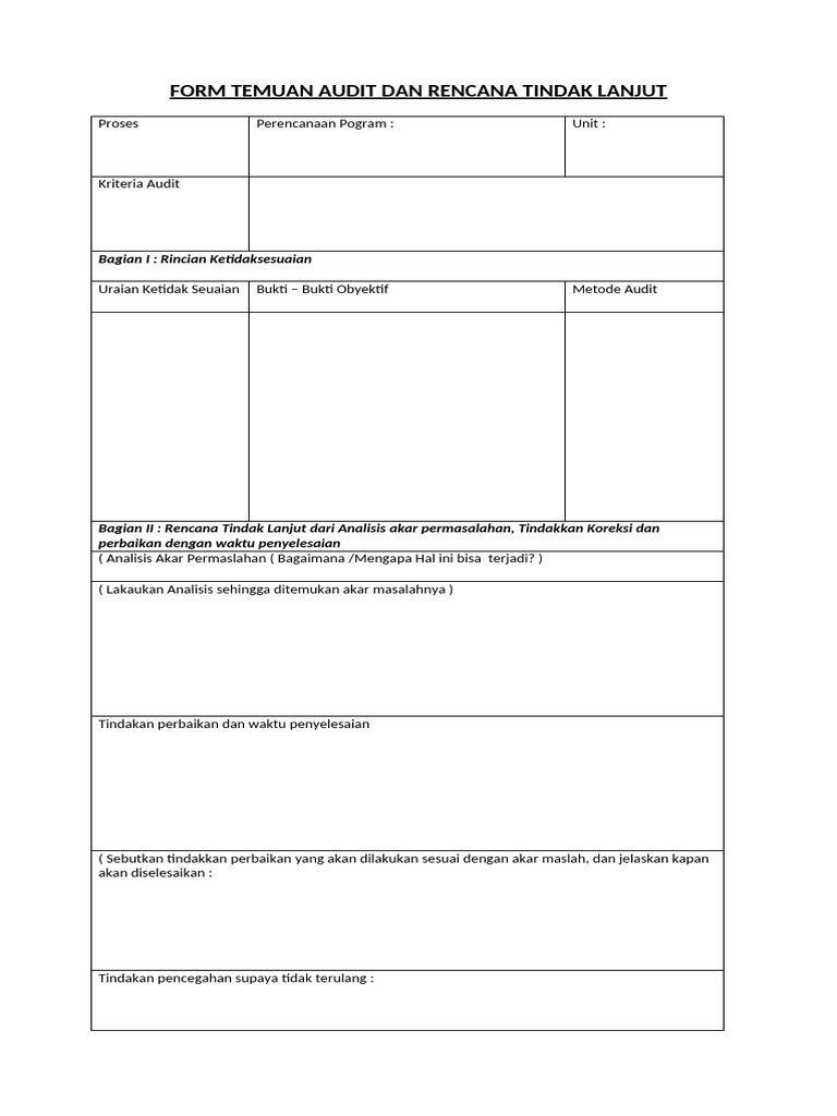 FORM TEMUAN AUDIT DAN RENCANA TINDAK LANJUT | PDF