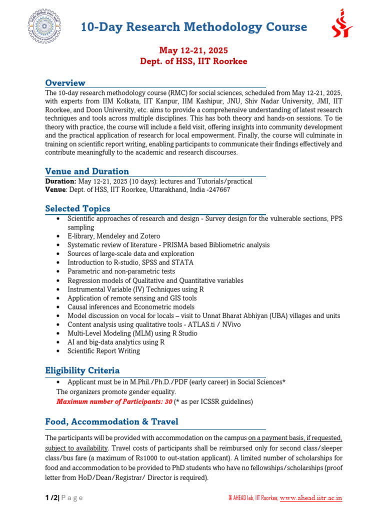 Course Brochure ICSSR RM Advt Final | PDF | Methodology | Doctor Of Philosophy