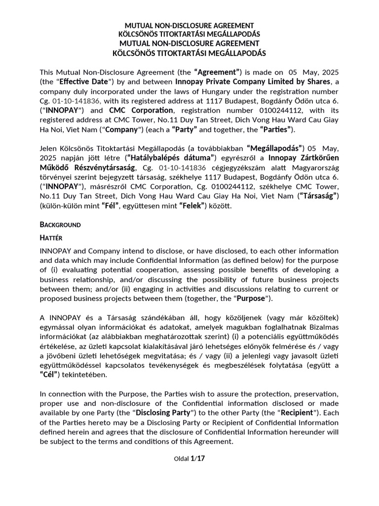 Innopay - NDA - Minta - Kétnyelvű - CMC 28 April - BPCrev | PDF