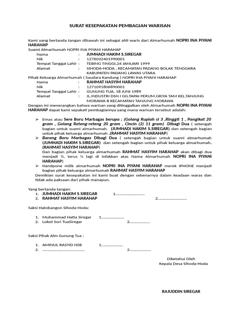 Surat Kesepakatan Pembagian Warisan | PDF