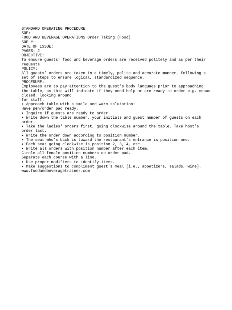 Food and Beverage Order Taking SOP | PDF