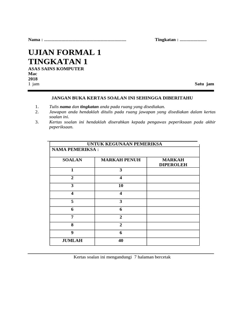 Peperiksaan Awal Tahun Ask T1 | PDF