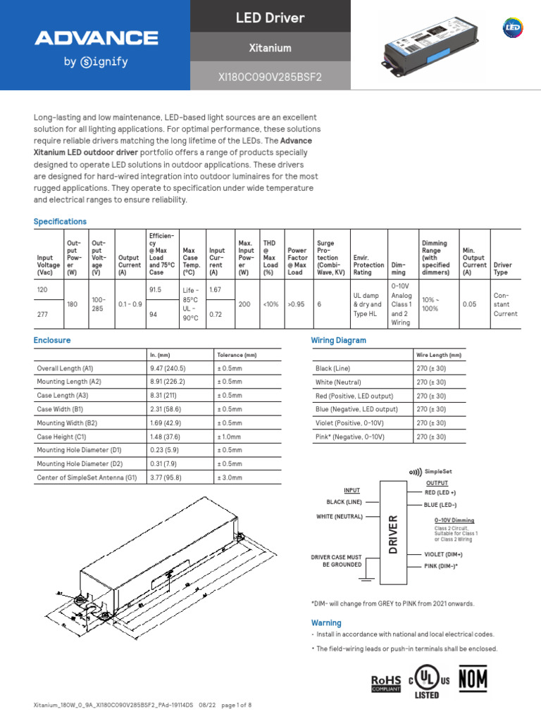 Advance Xitanium 180W 0.1-0.9A Outdoor LED Driver With SimpleSet ...