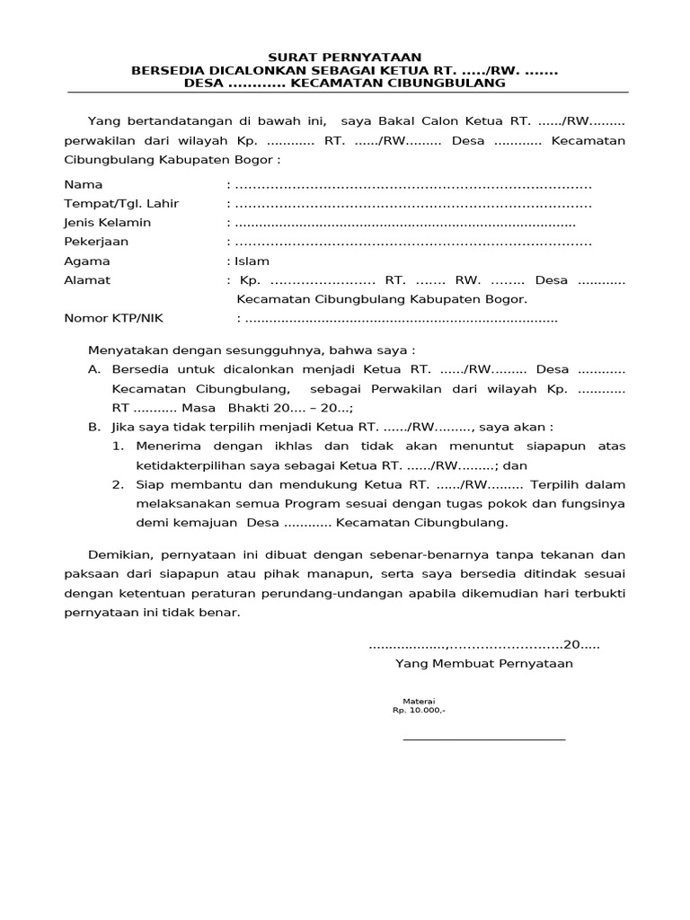 Surat Pernyataan Calon Ketua RT Cibungbulang | PDF