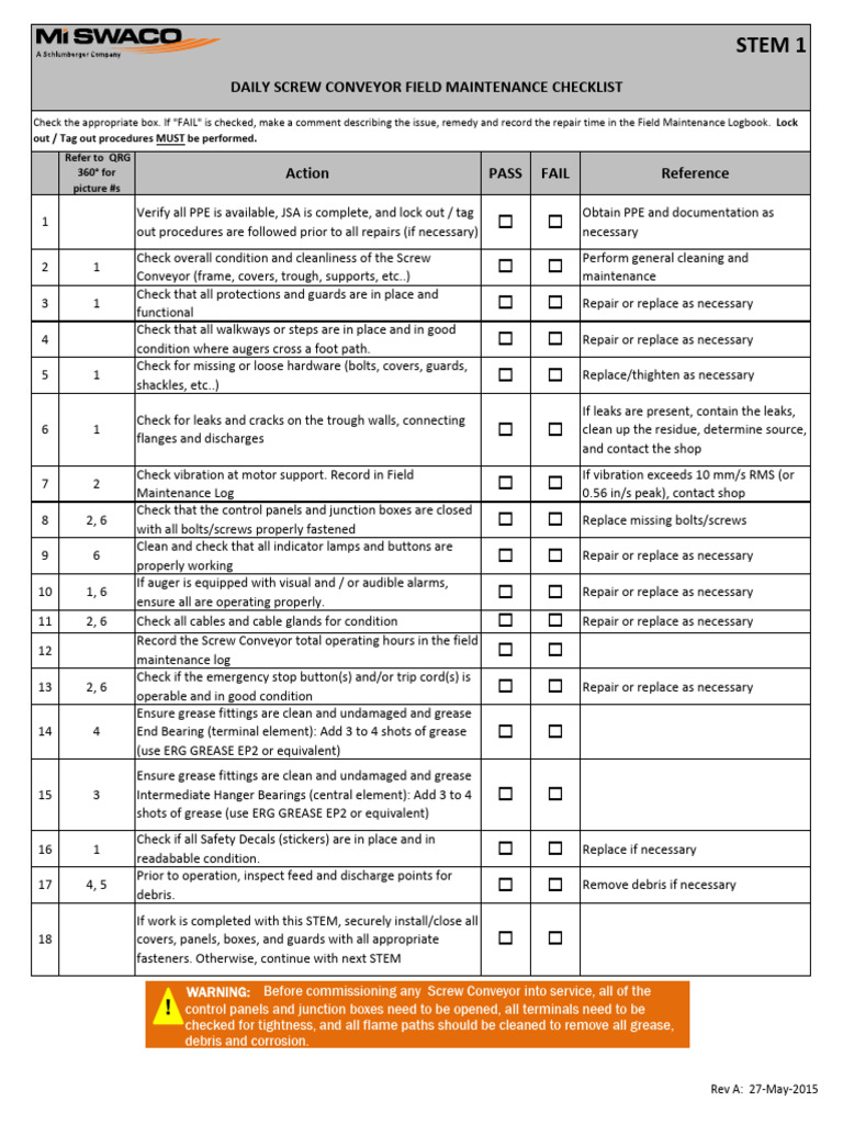 Screw Conveyor Maintenance Checklist | PDF | Screw | Bearing (Mechanical)
