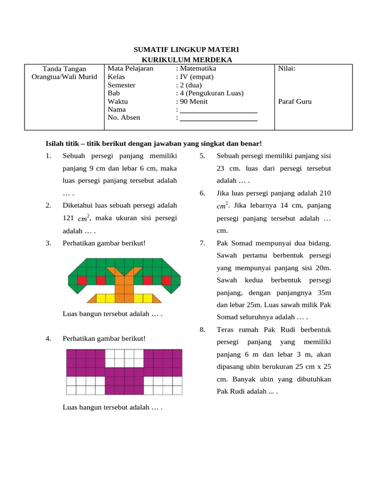 Sumatif Harian Bab Luas - Matematika 4C - 2024 - 2025 | PDF