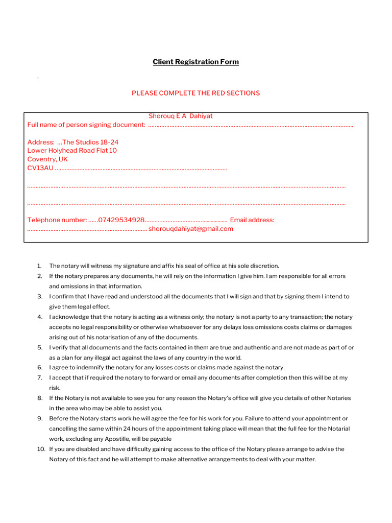 Client Registration Form | PDF | Notary Public | Payments