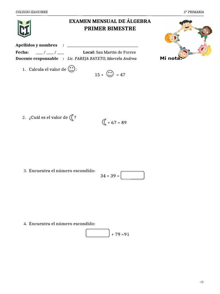 Examen Mensual de Álgebra 3° Primaria | PDF