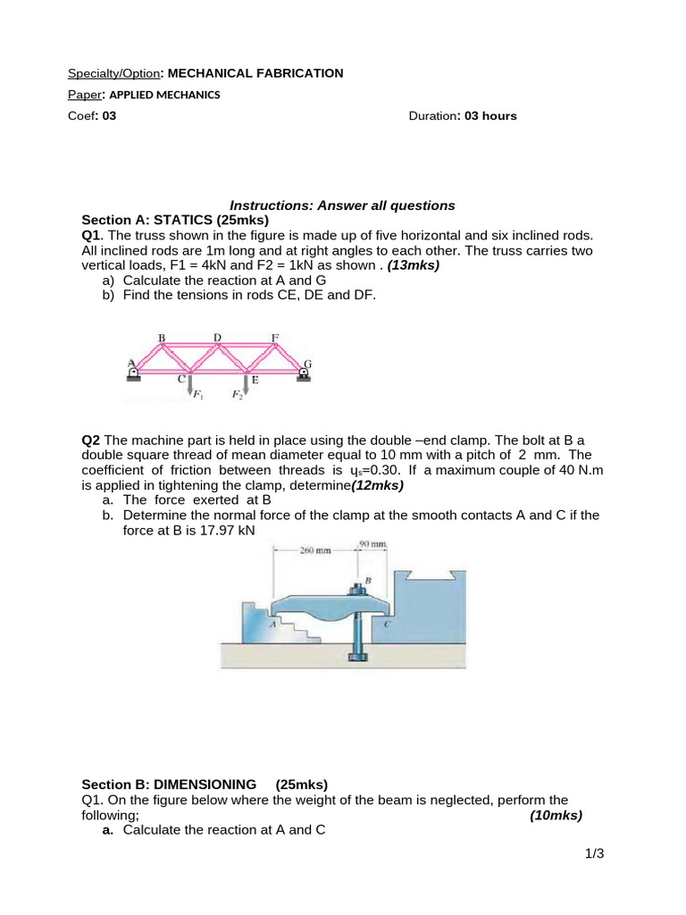 Set 2 Applied Mechanics Questions | PDF | Beam (Structure) | Truss