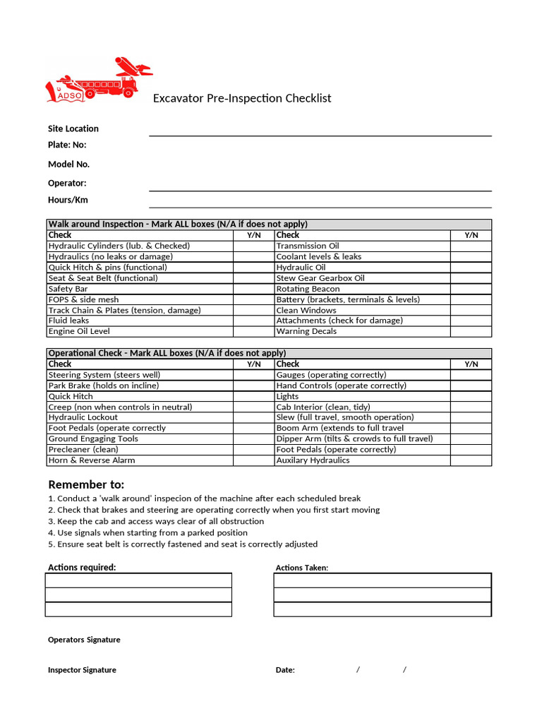Pre Start Checklist | PDF
