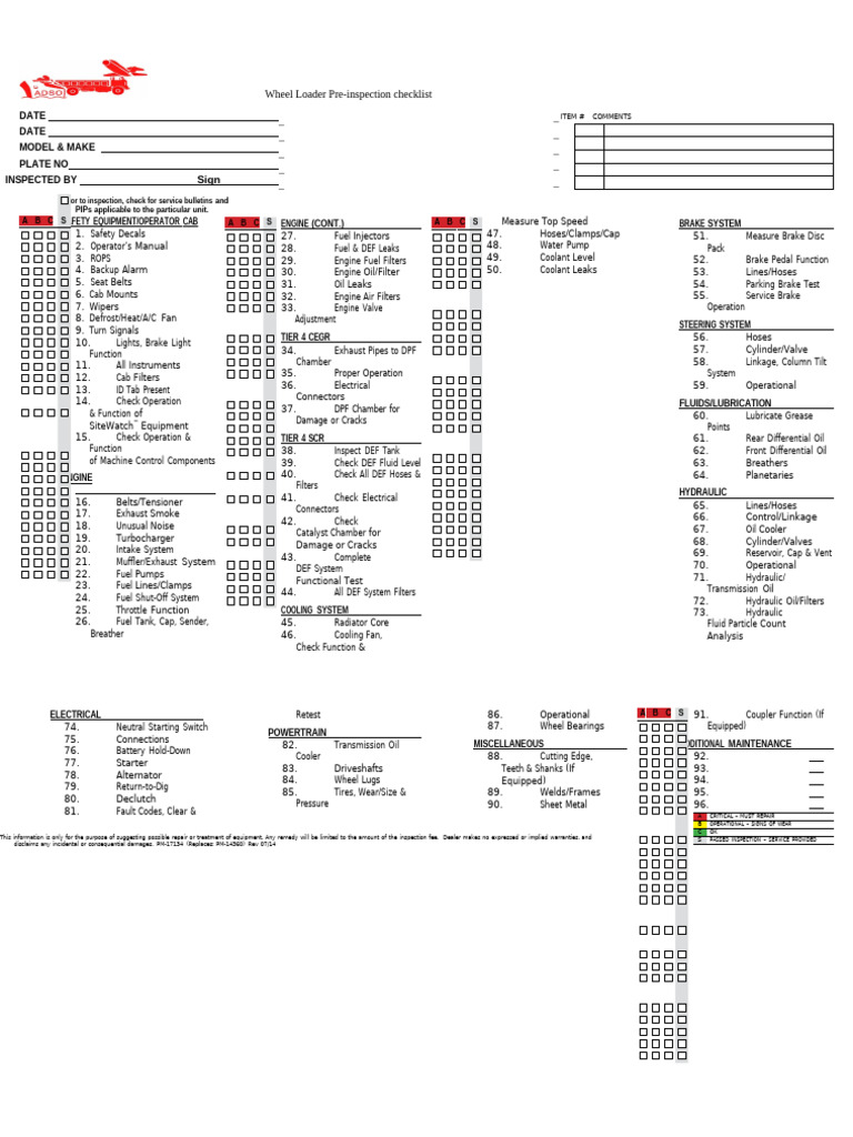 Wheel Loader Inspection Checklist | PDF | Brake | Machines