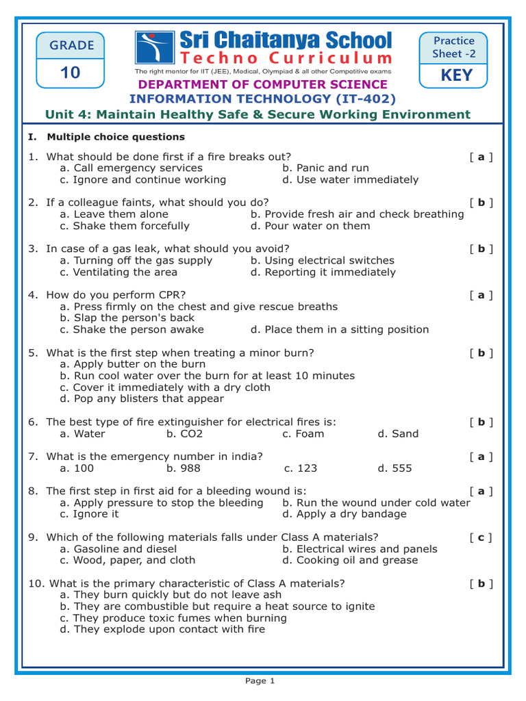 Grade X IT Part B-Unit 4-Practice Sheet 112 Key | PDF | Safety