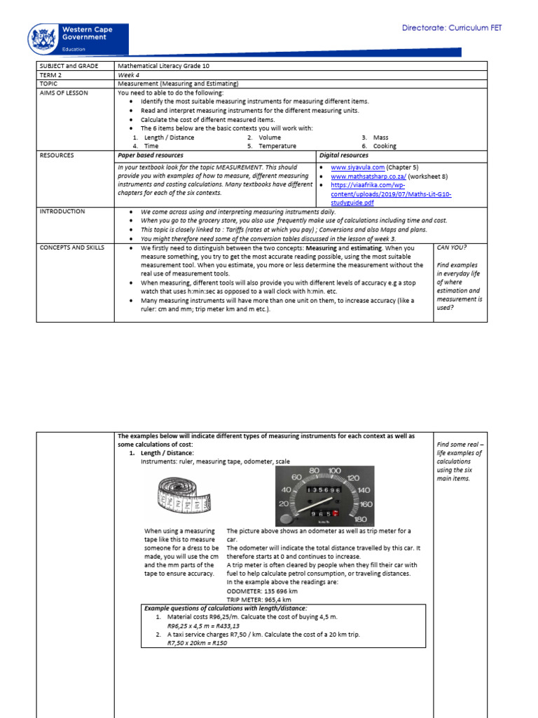 Mathematical Literacy Grade 10 Term 2 Week 4 - 2020 | PDF | Thermometer ...