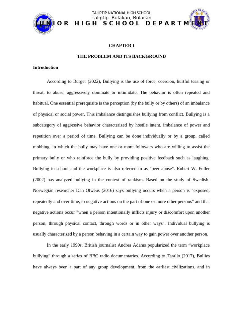 Chapter I Research | PDF | Bullying | Social Psychology