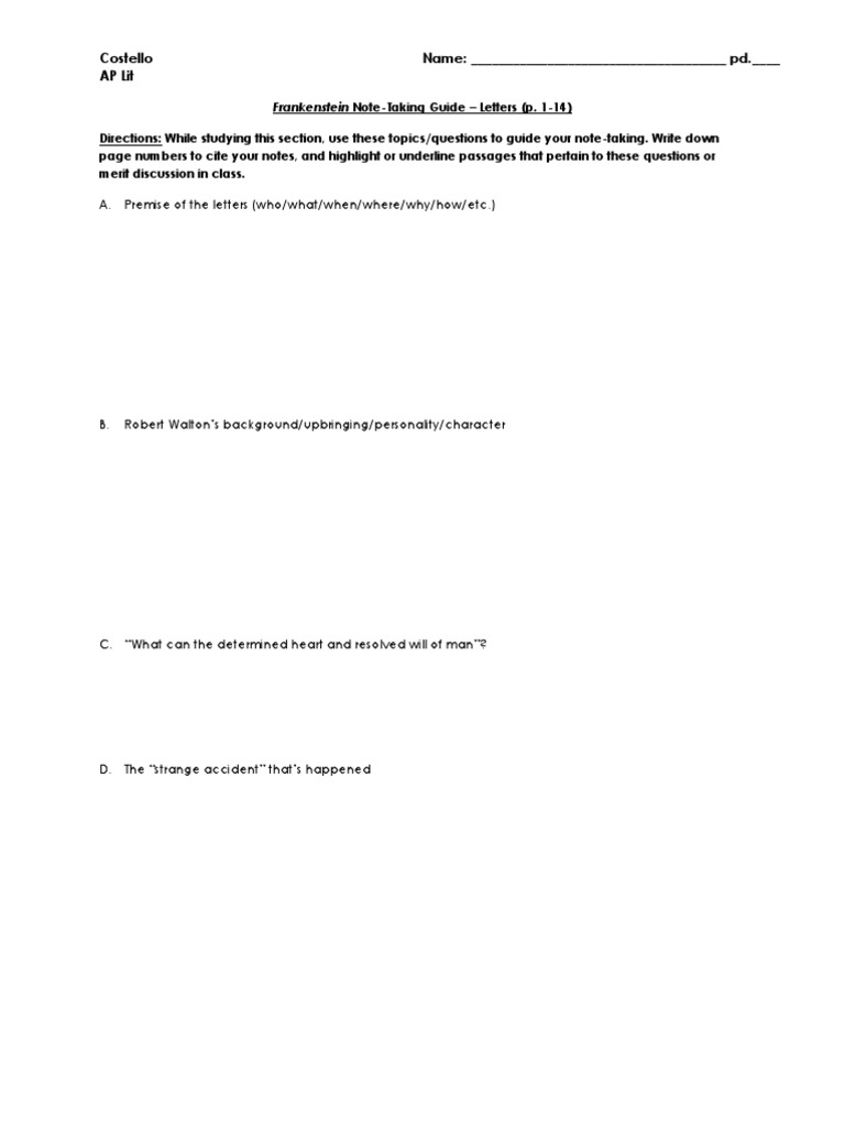 12 AP Lit Frankenstein Note-Taking Guide | PDF | Frankenstein | Writing