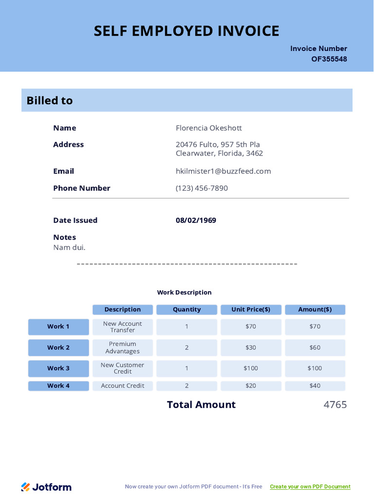 Notexists Self Employed Invoice Template | PDF