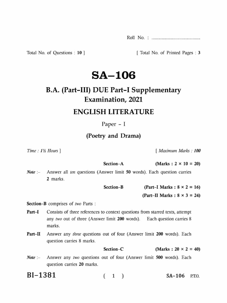Ba Part 3 English Literature p1 Poetry and Drama Sa 106 2021 | PDF