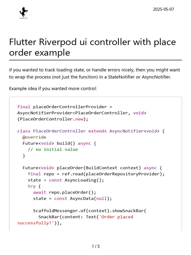 Flutter Riverpod ui controller with place order example | PDF