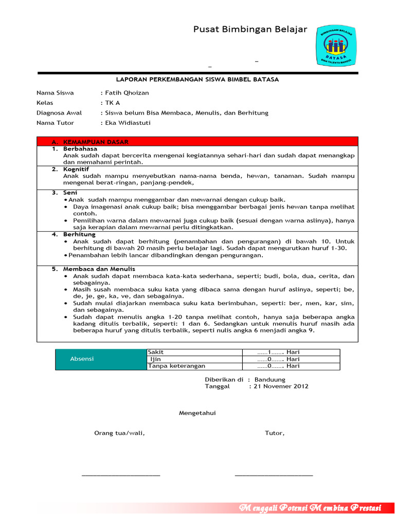 Contoh Laporan Perkembangan Siswa Bimbel Batasa | PDF