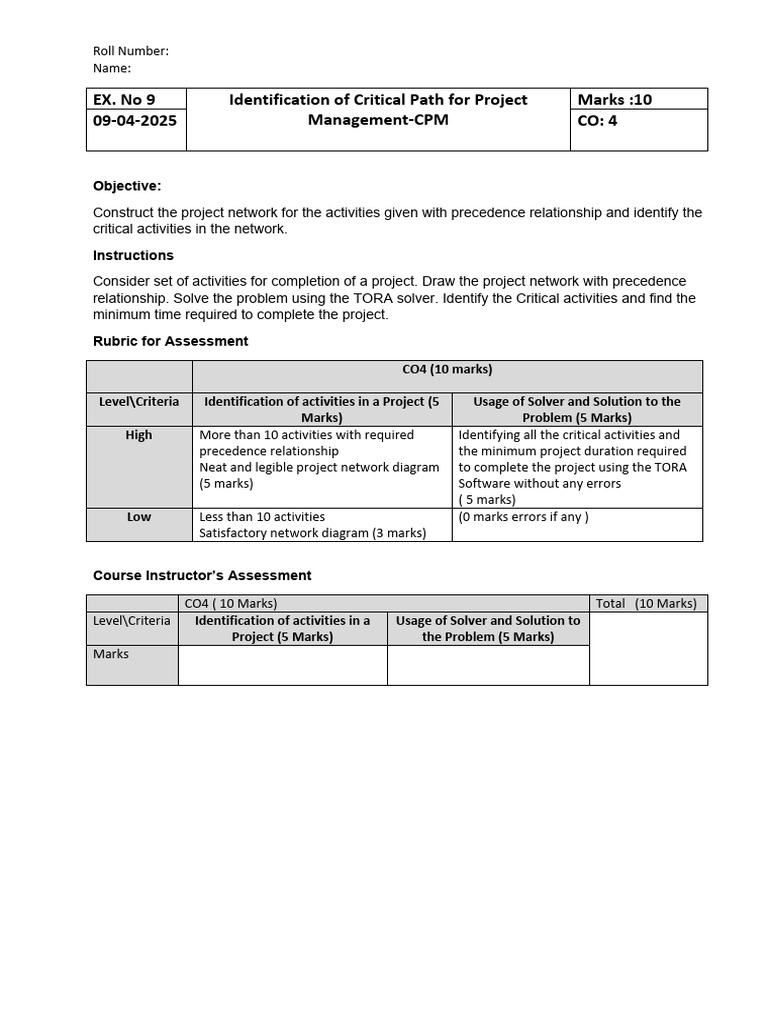 Ex9. Identification of Critical Path For Project Management-CPM | PDF