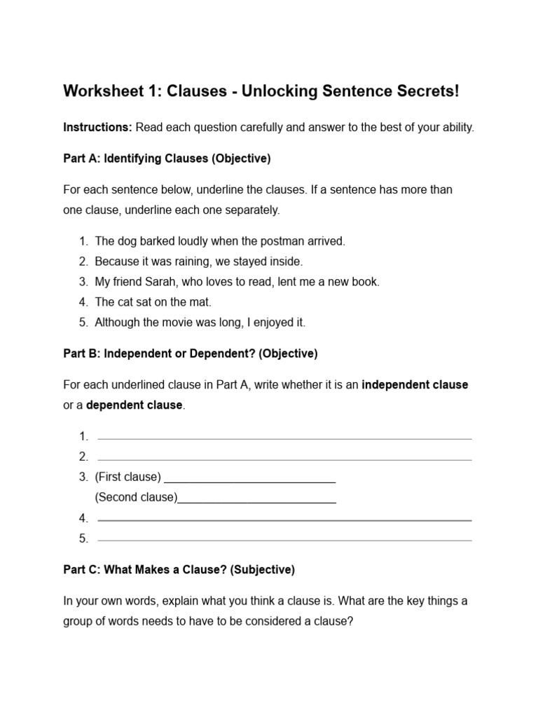Clauses and Sentence Types Worksheet | PDF | Sentence (Linguistics ...